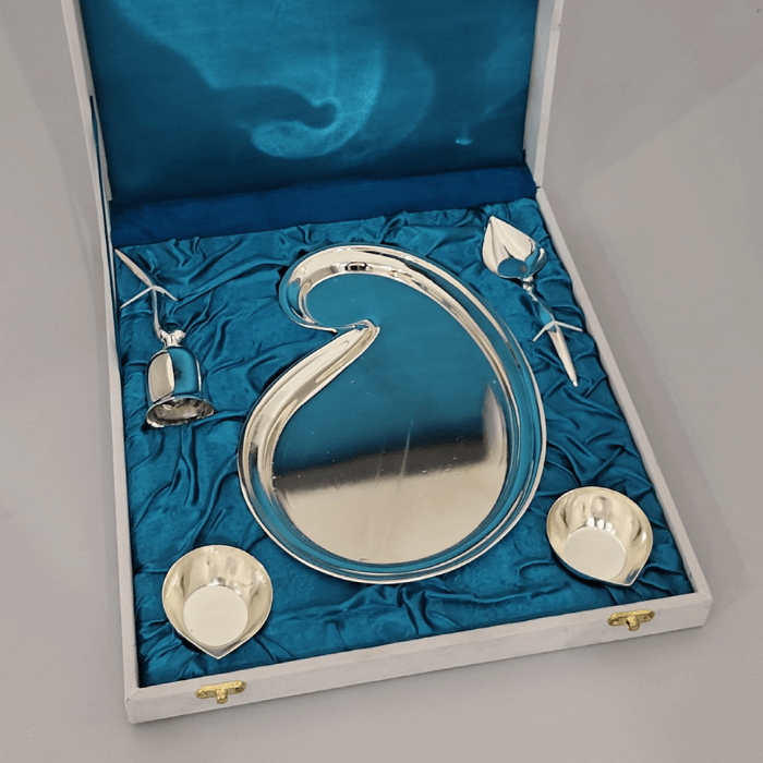 Silver Plated Stainless Steel Puja Set - Plate, Deepak, Spoon & Bell ...